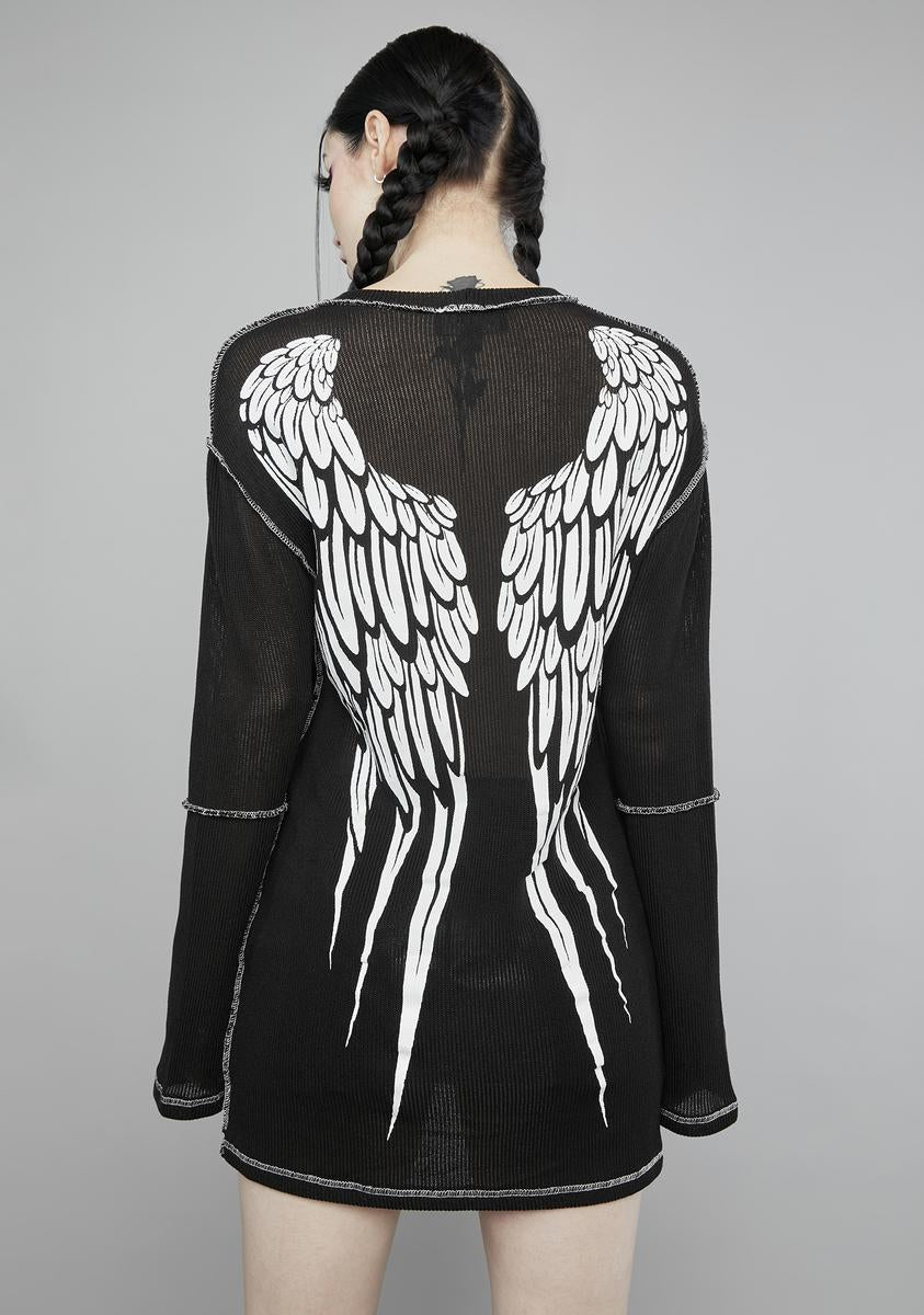 Widow Sheer Knit Sweater With Contrast Stitching And Angel Wings ...