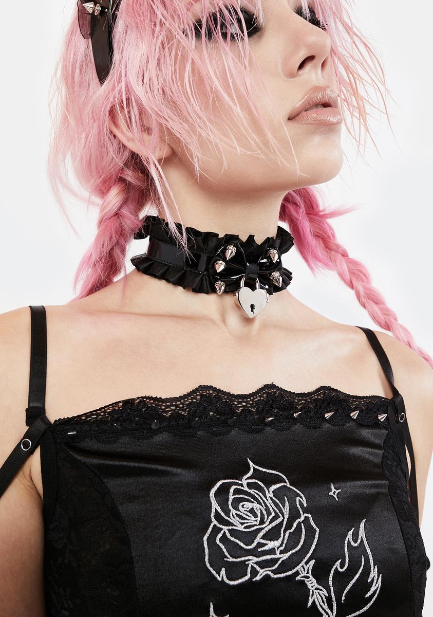 Patent Bow Choker With Studs Heart Charm Ruffle Trim - Black – Dolls Kill