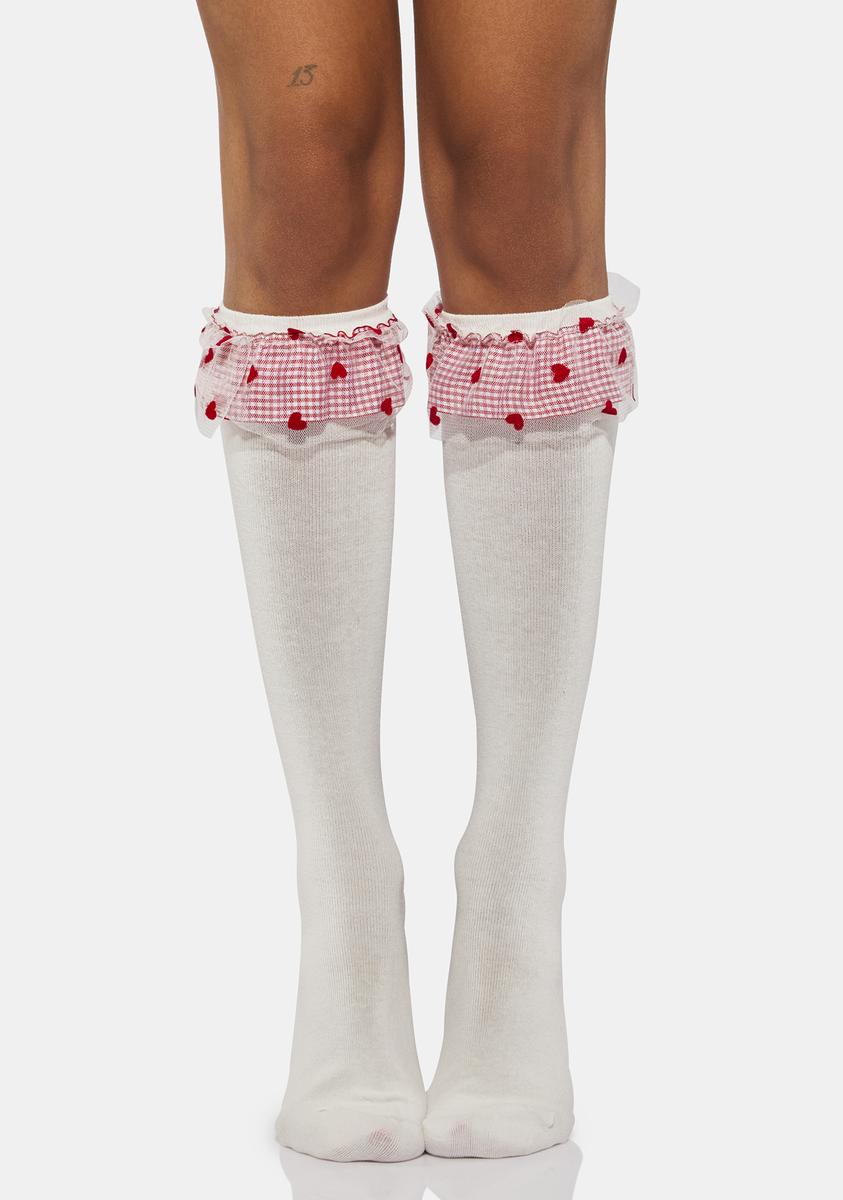 Gingham Heart Ruffled Knee High Socks - White – Dolls Kill