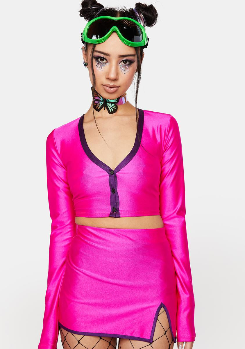Metallic Button Up Long Sleeve Crop Top - Pink – Dolls Kill
