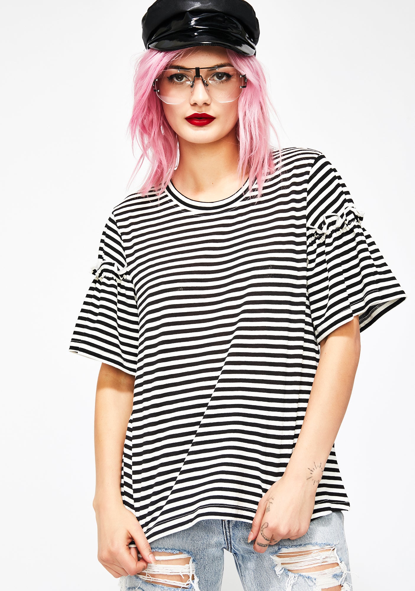 Short Sleeve Striped Ruffle Trim T-Shirt – Dolls Kill