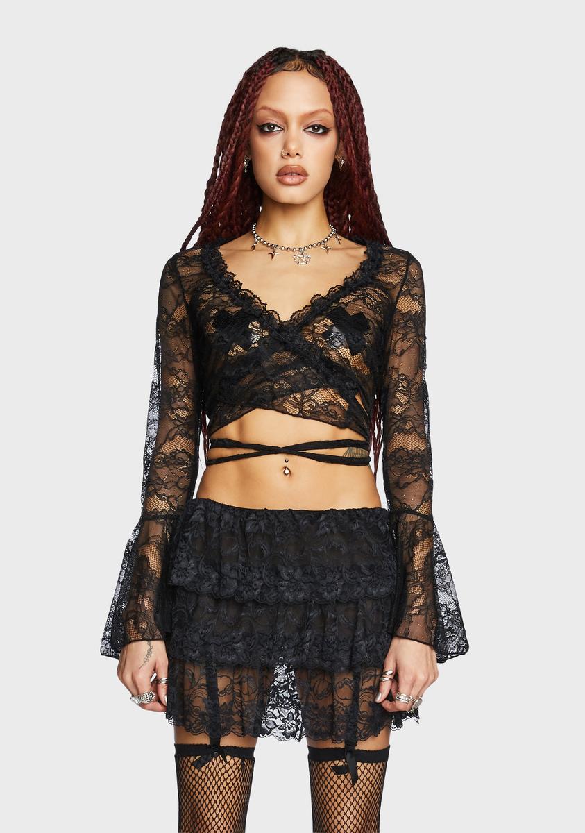 Widow Sheer Lace Wrap Crop Top Black Dolls Kill