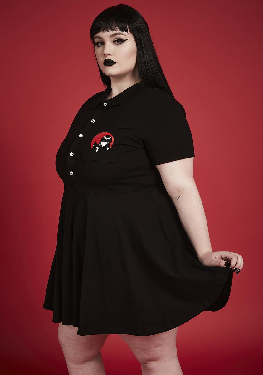 Plus Size Emily The Strange Embroidered Skull Button Up Mini Dress ...