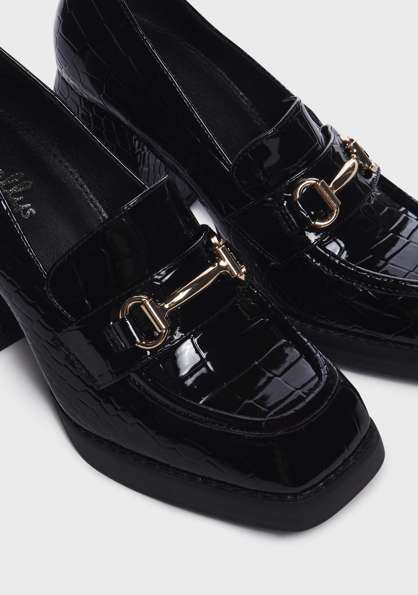 Shellys London Patent Croc Texture Heeled Loafers - Black – Dolls Kill