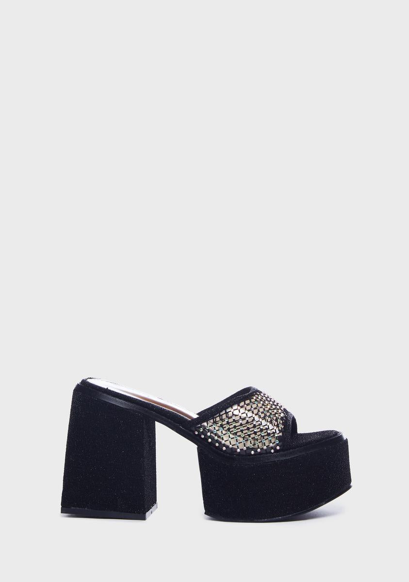 Velvet Rhinestone Fishnet Platform Sandals - Black – Dolls Kill