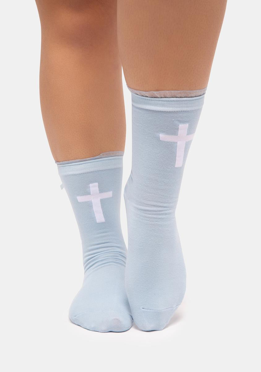 Cross Crew Socks With Bows - Light Blue – Dolls Kill