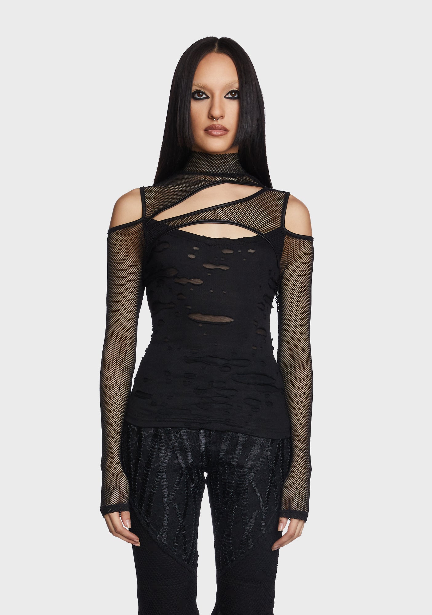 Punk Rave Asymmetric Fishnet Shredded Top - Black – Dolls Kill