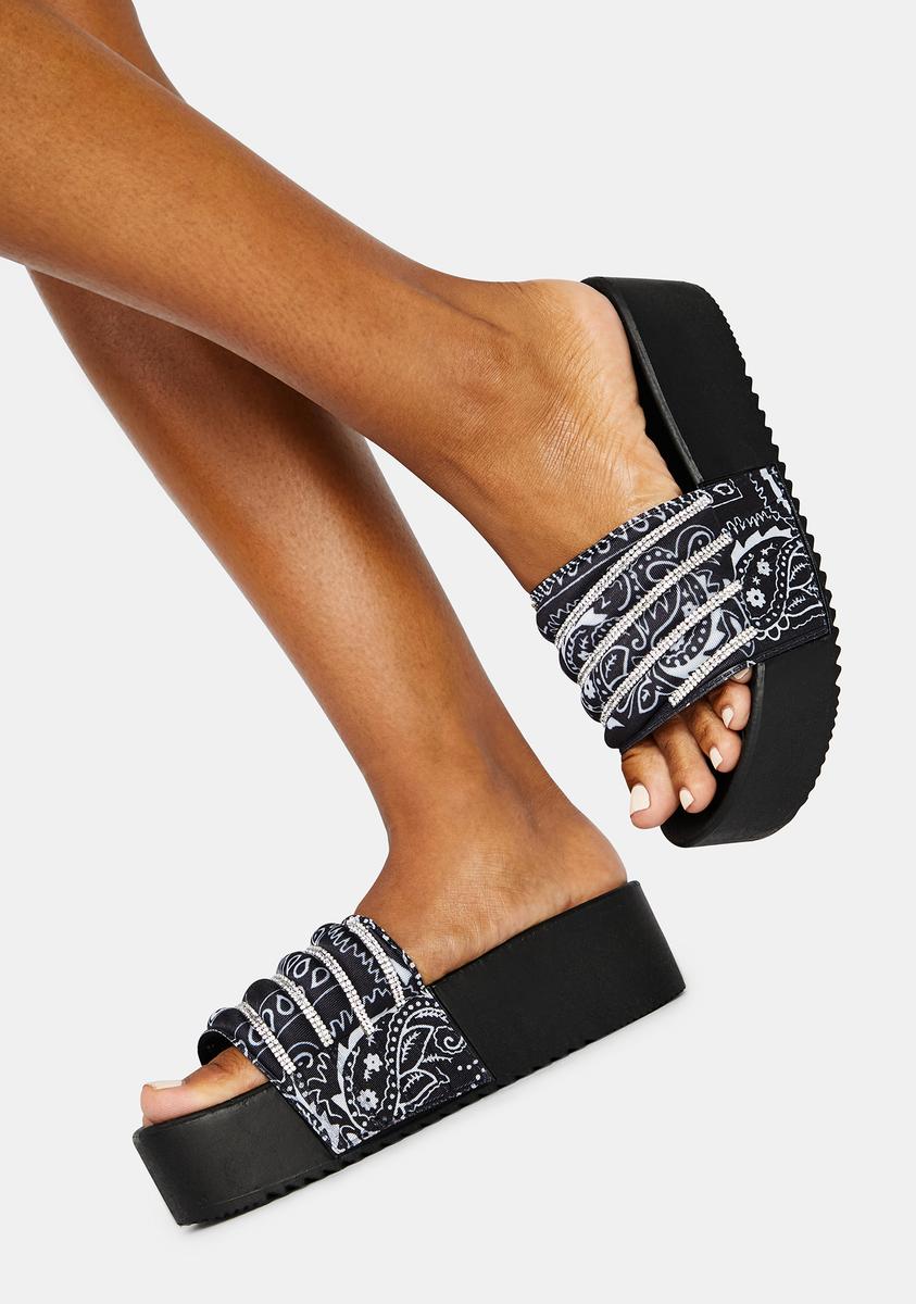 Platform Slides With Rhinestone On Straps - Black – Dolls Kill