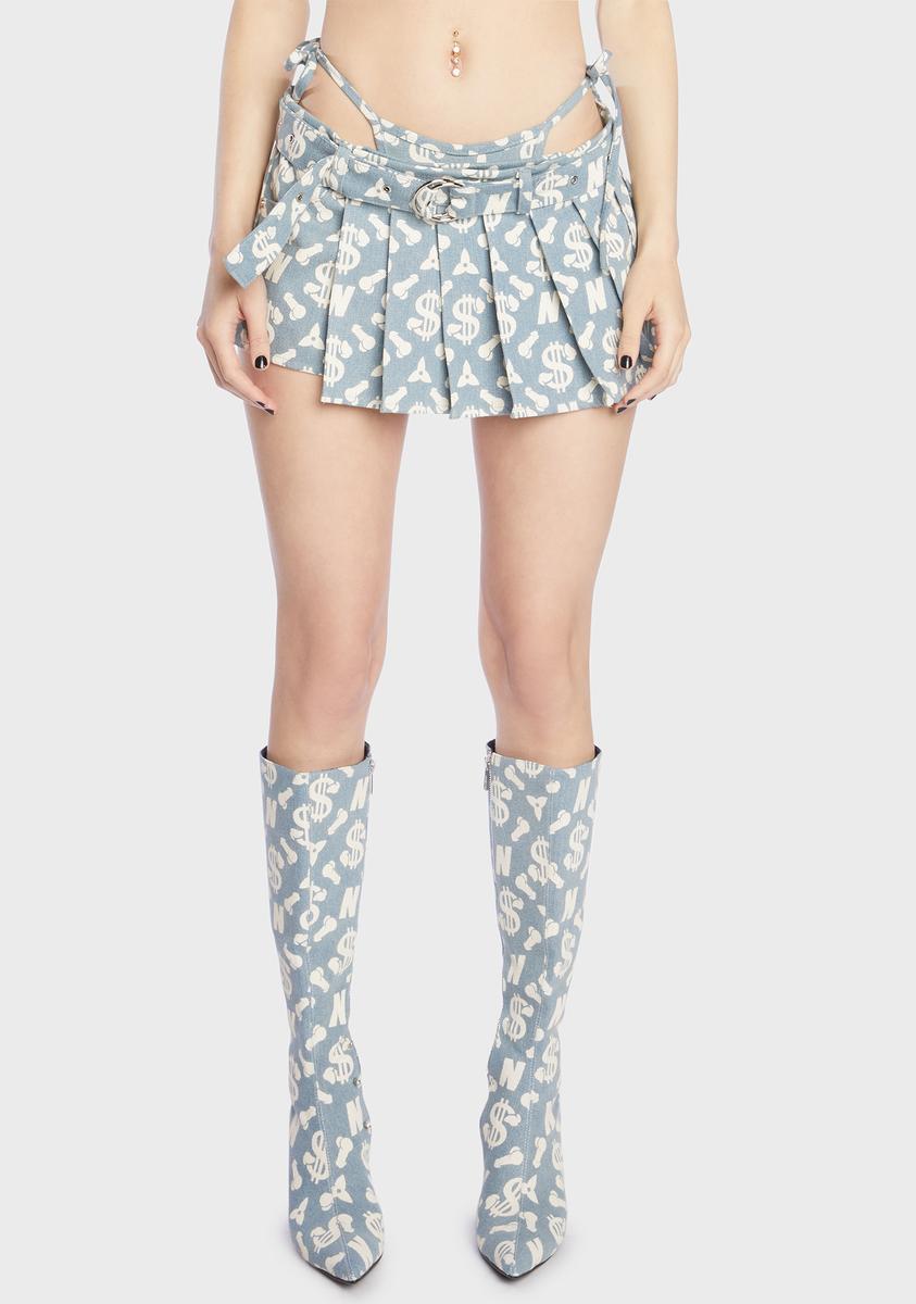 Namilia Dick Dollar Print Pleated Denim Micro Mini Thong Skirt - Blue ...