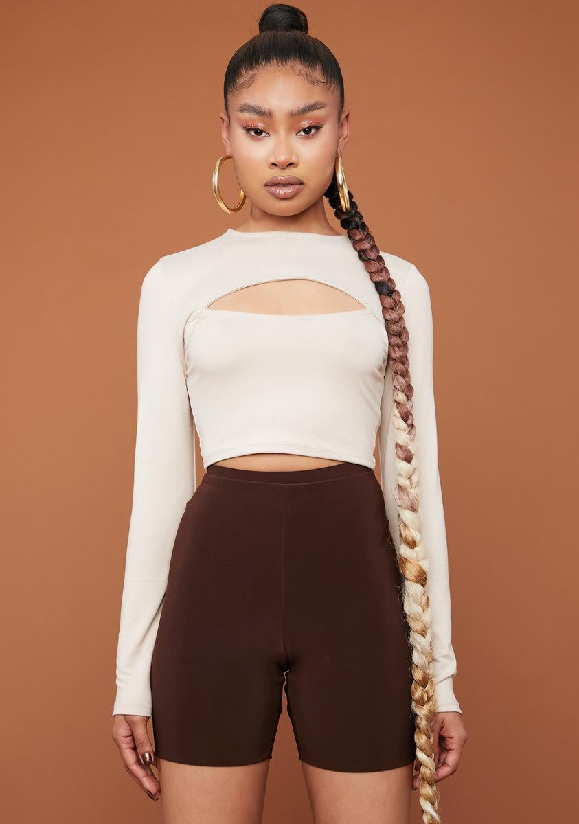 Long Sleeve Crop Top With Front And Back Cutout - Taupe – Dolls Kill