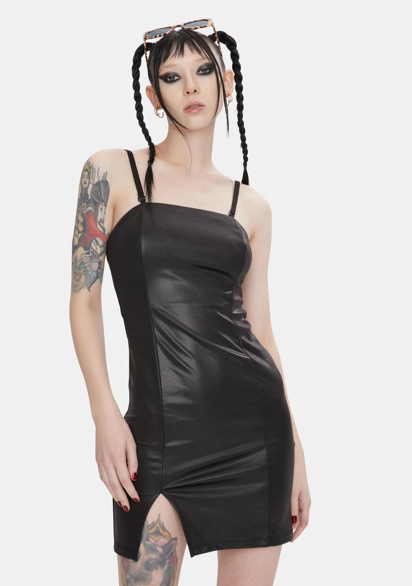 Kiki Riki Black Faux Leather Feather Trim Mini Bodycon Dress – Dolls Kill