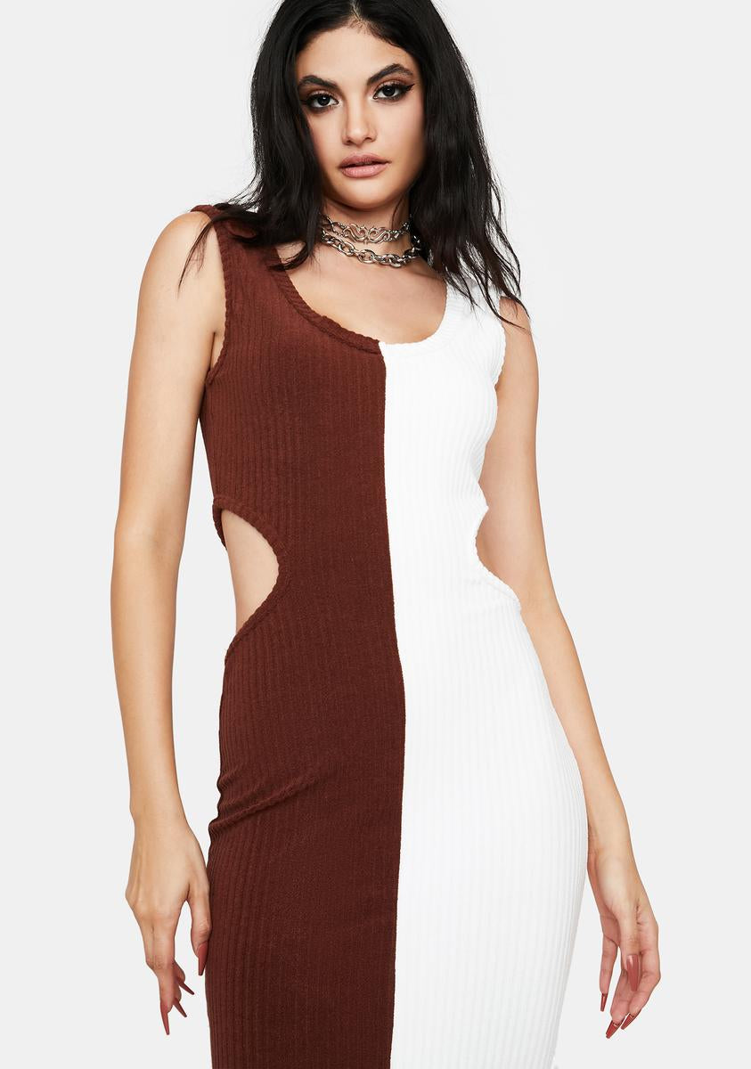 Two Tone Color Block Cut Out Maxi Dress - Brown White – Dolls Kill