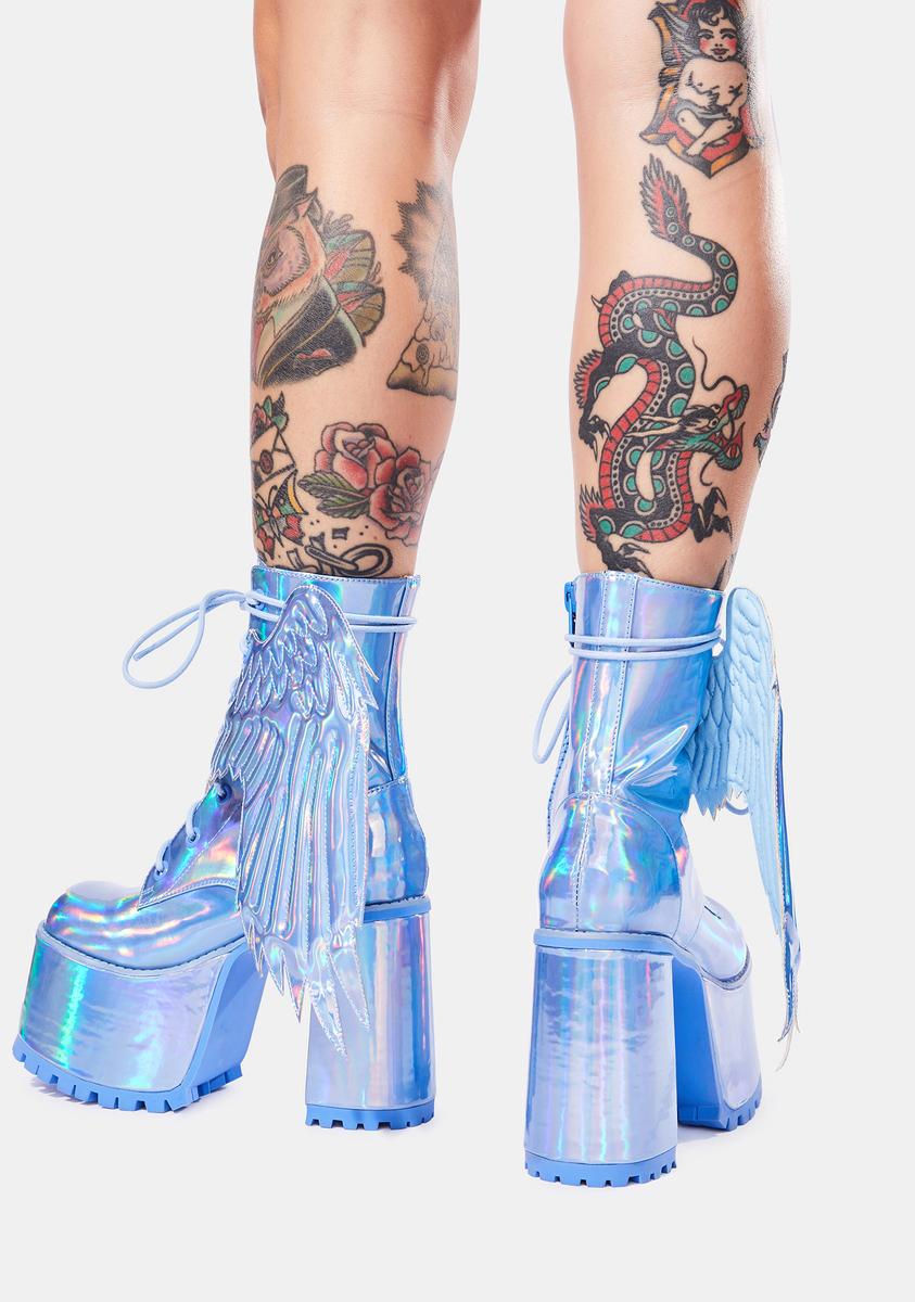 Club Exx Holographic Angel Wing Platform Boots - Blue – Dolls Kill