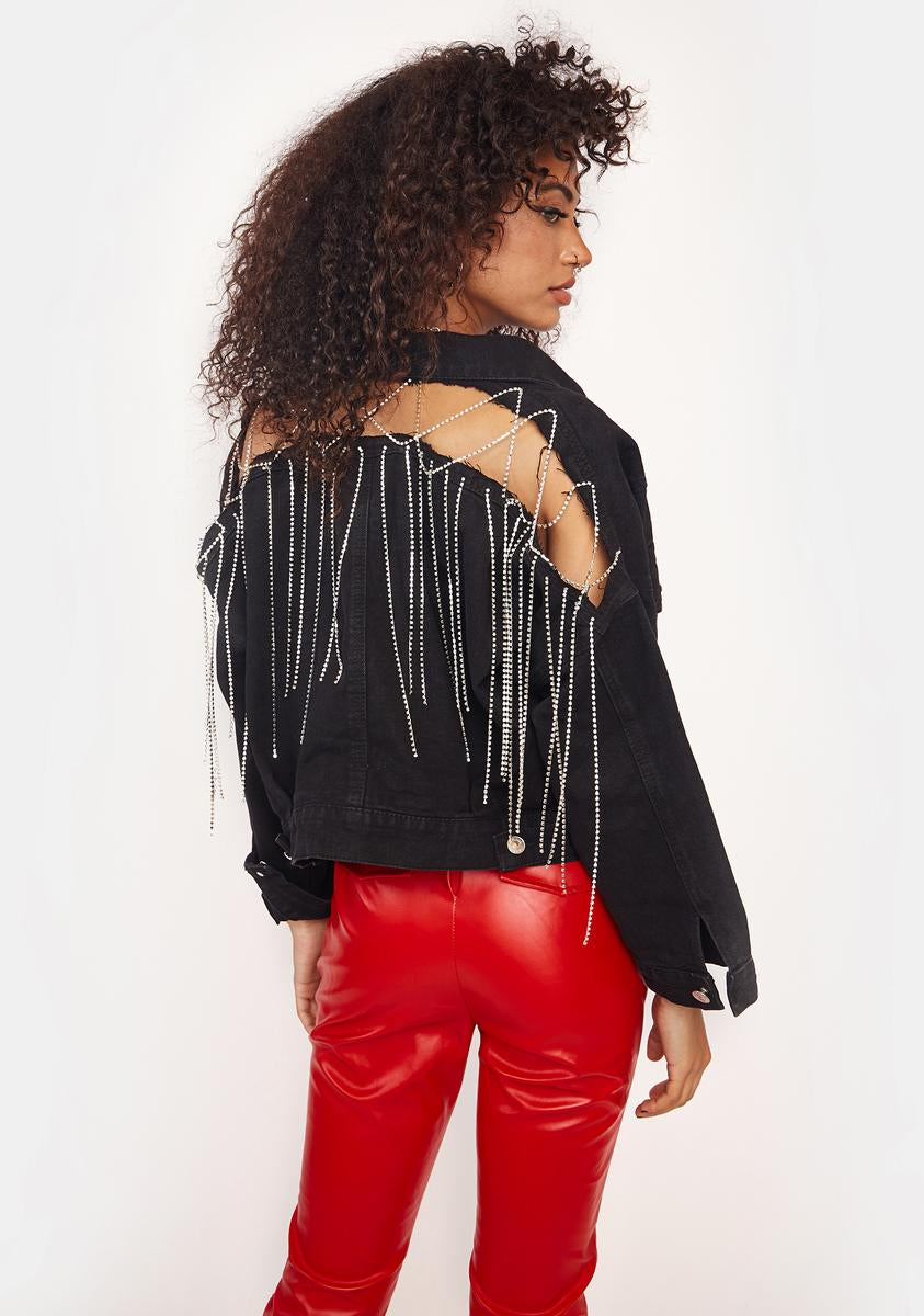 Rhinestone Chain Open Back Crop Denim Jacket - Black – Dolls Kill