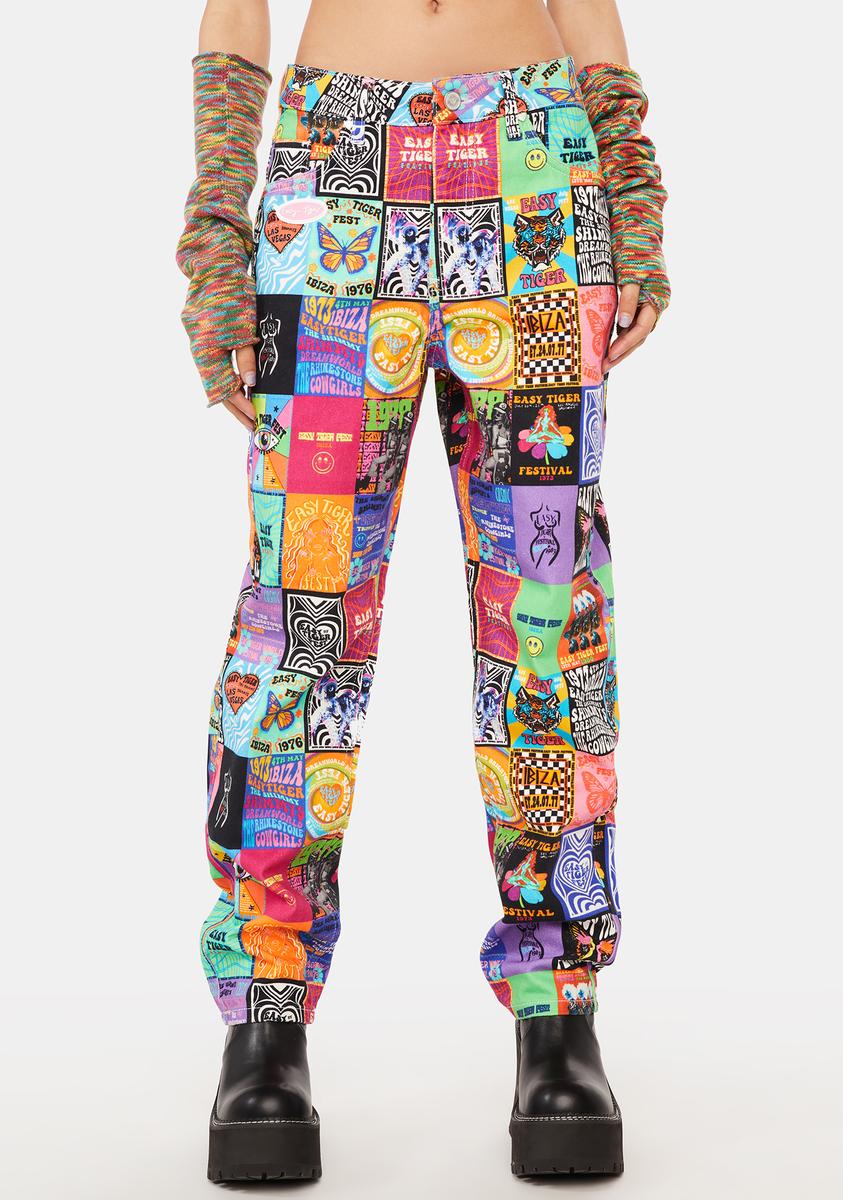 Easy Tiger Retro Festival Poster Print Denim Jeans - Multi – Dolls Kill