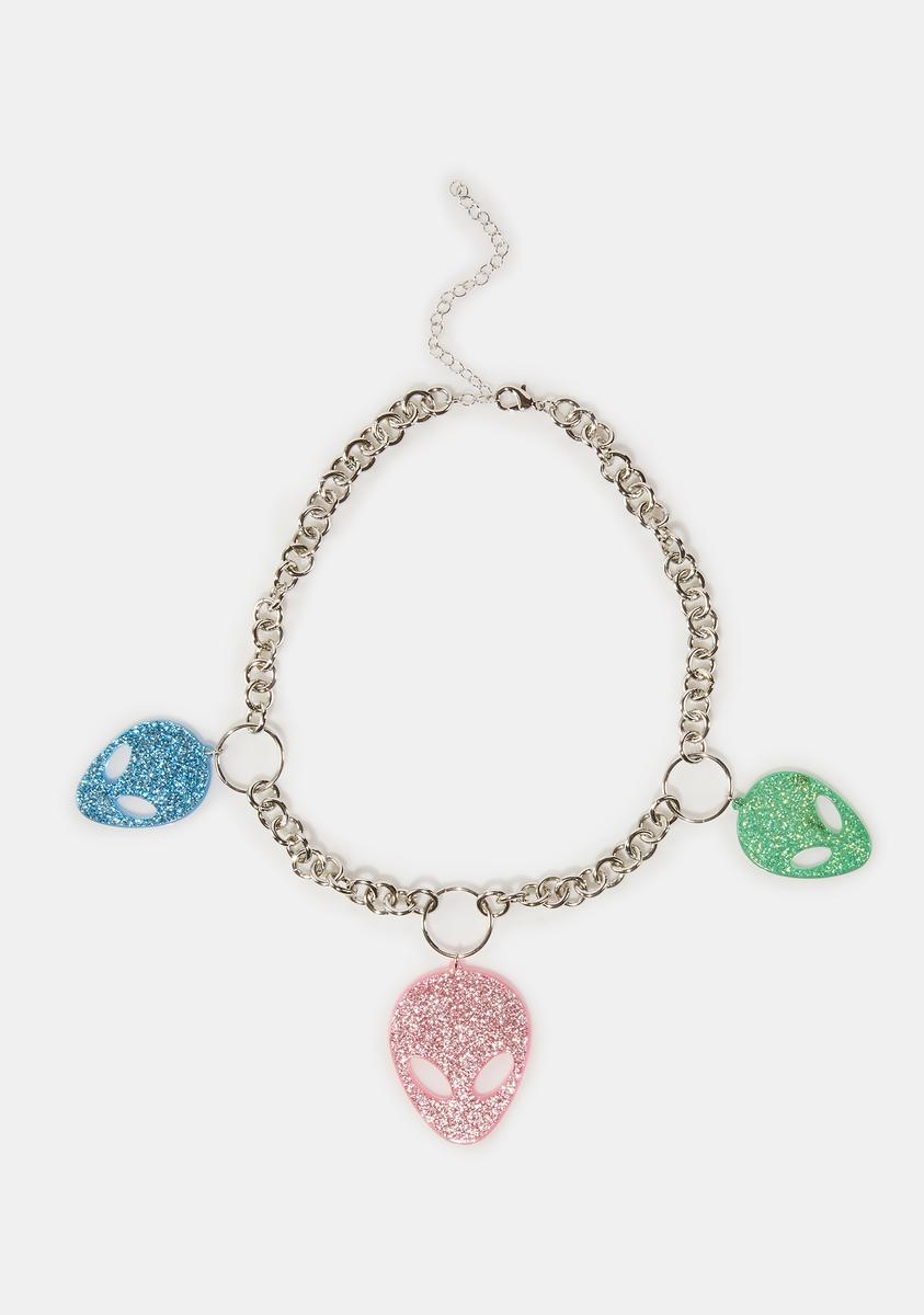 Glitter Alien Chain Choker Necklace - Silver/Multi – Dolls Kill