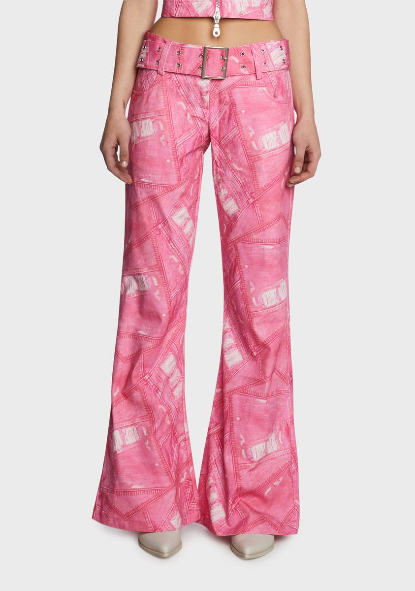 The Ragged Priest Denim Print Flare Pants - Pink – Dolls Kill