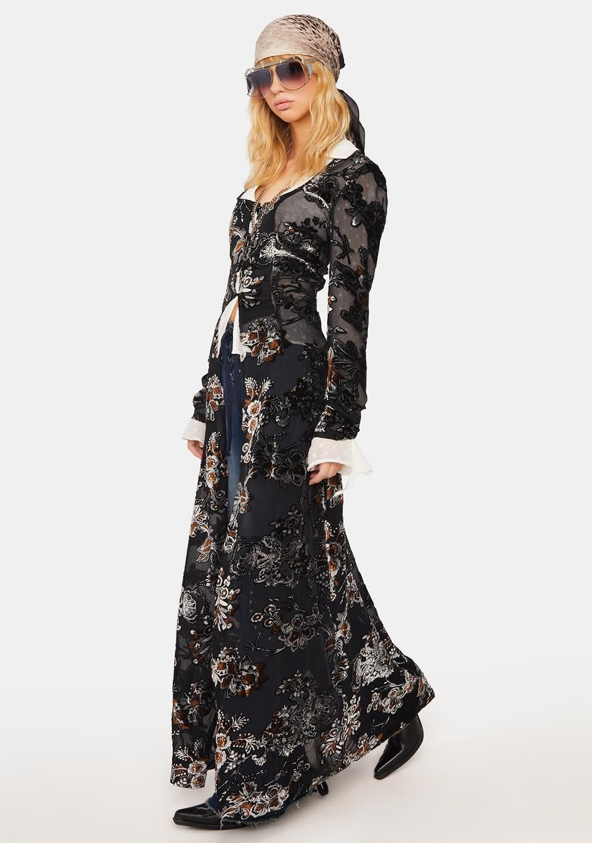 Current Mood Burnout Velvet Floral Sheer Long Duster - Black – Dolls Kill