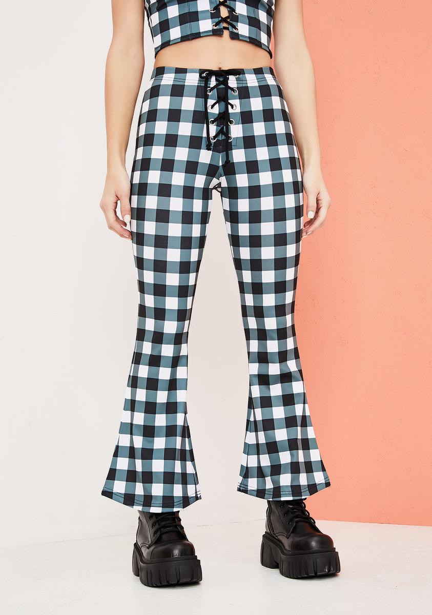 Current Mood Gingham Lace Up Kick Flares - Black/White – Dolls Kill
