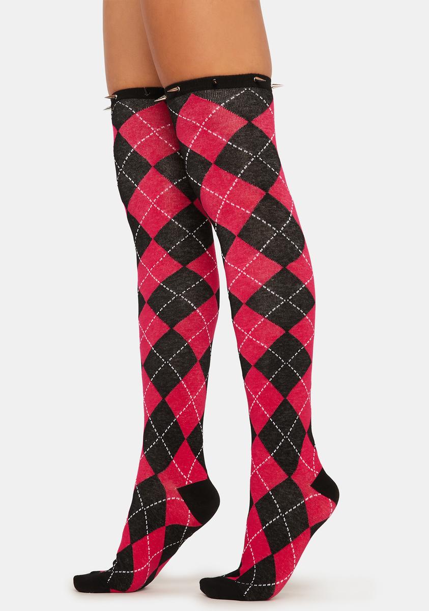 Argyle Spiked Stud Thigh-High Socks - Pink/Black – Dolls Kill