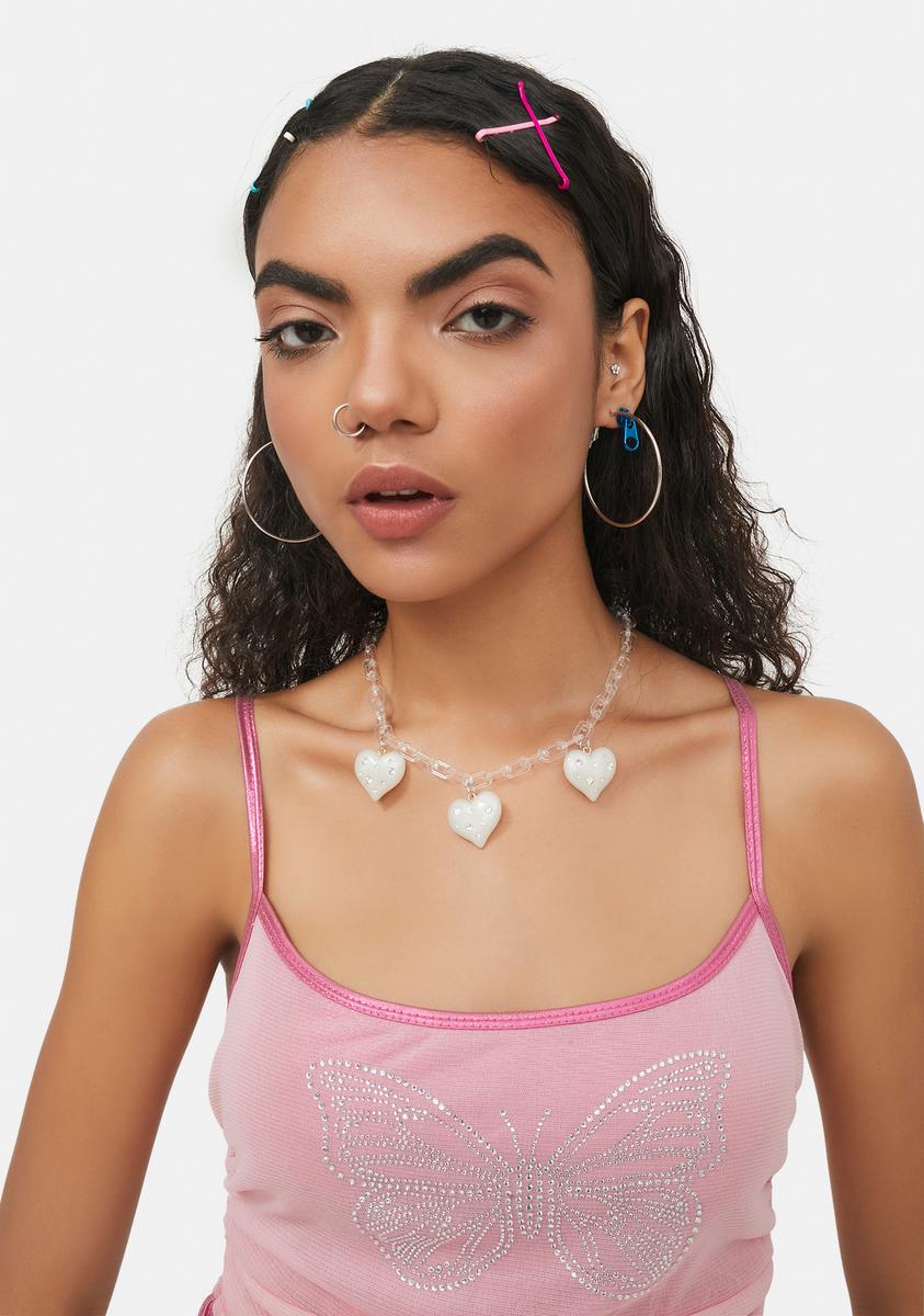 Clear Chain Necklace With Rhinestone Embellished Hearts - White – Dolls ...