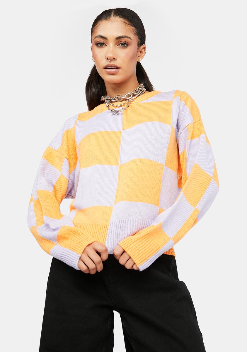 Checkered Knit Sweater - Orange – Dolls Kill