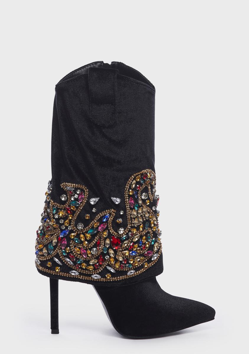 Azalea Wang Gem Rhinestone Heeled Boots - Black – Dolls Kill
