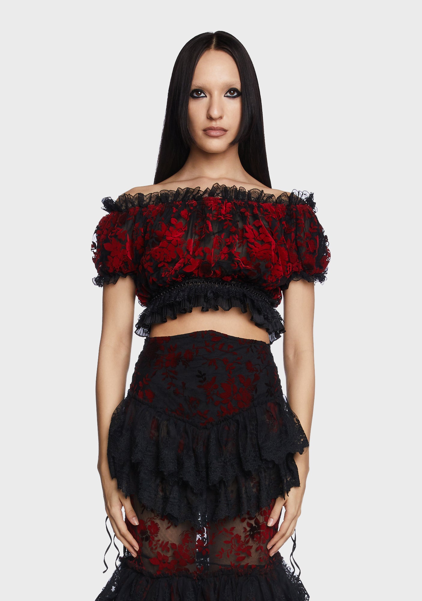 Punk Rave Puff Sleeve Mesh Flocked Top - Black/Red – Dolls Kill