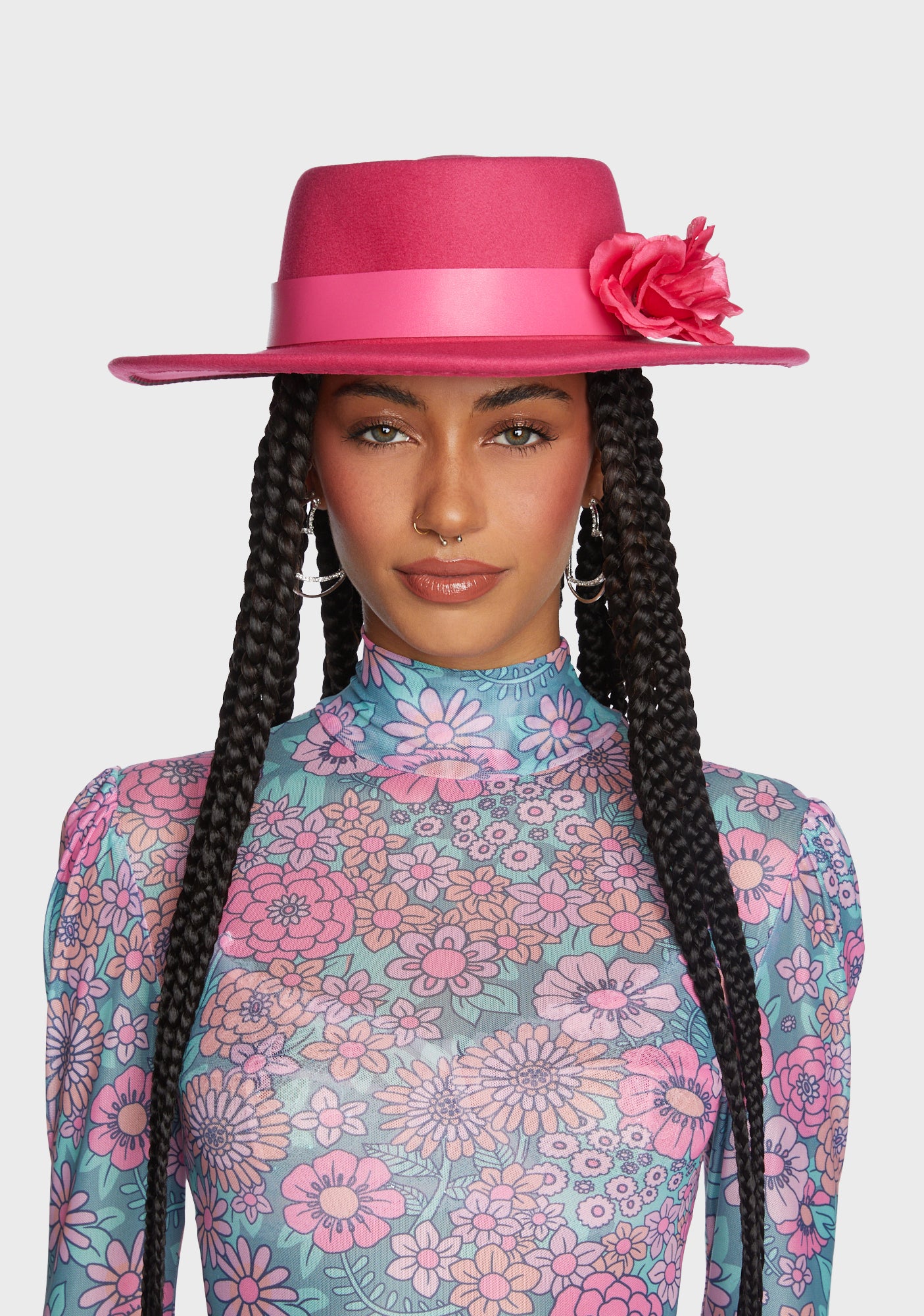 Rose Applique Wide Brim Hat - Pink – Dolls Kill
