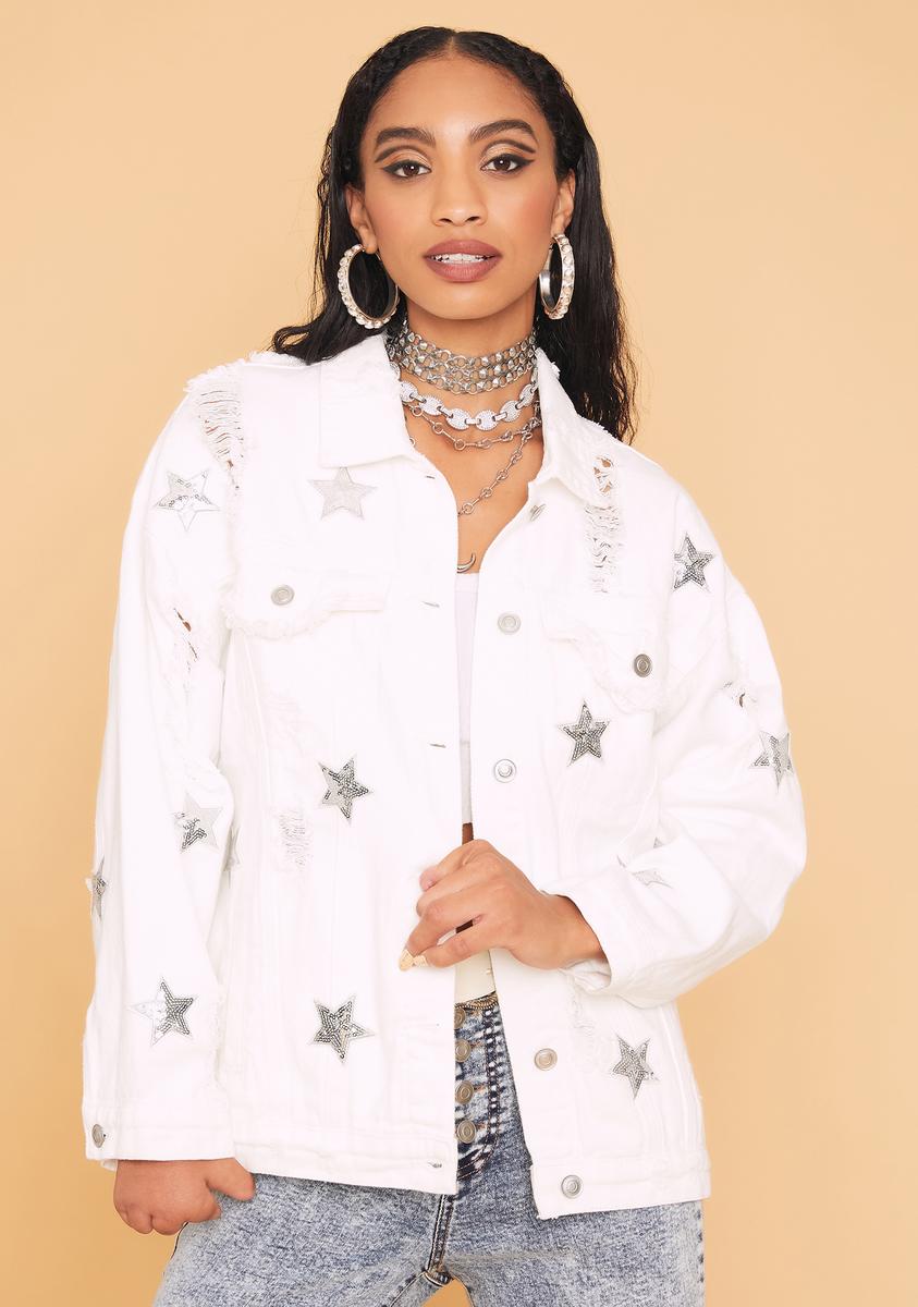 Distressed Oversized Denim Jacket With Metallic Stars - White – Dolls Kill