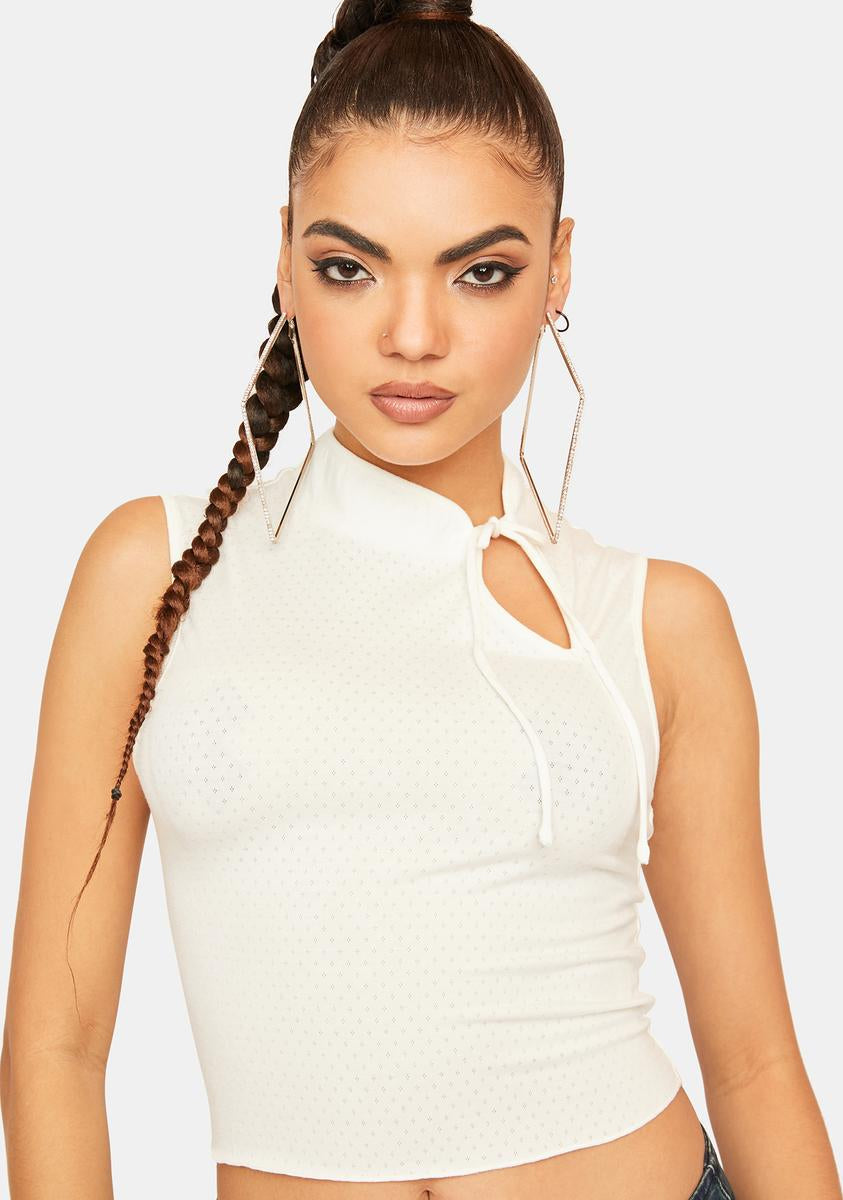 Sheer Netted Keyhole String Tie Mock Neck Tank Crop Top White – Dolls Kill