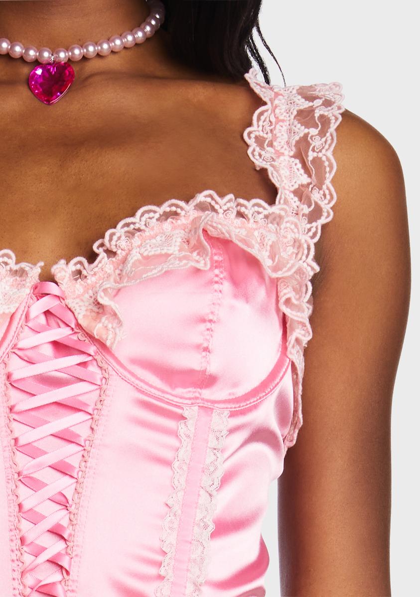 Sugar Thrillz Satin Lace Trim Crop Corset Top Pink Dolls Kill