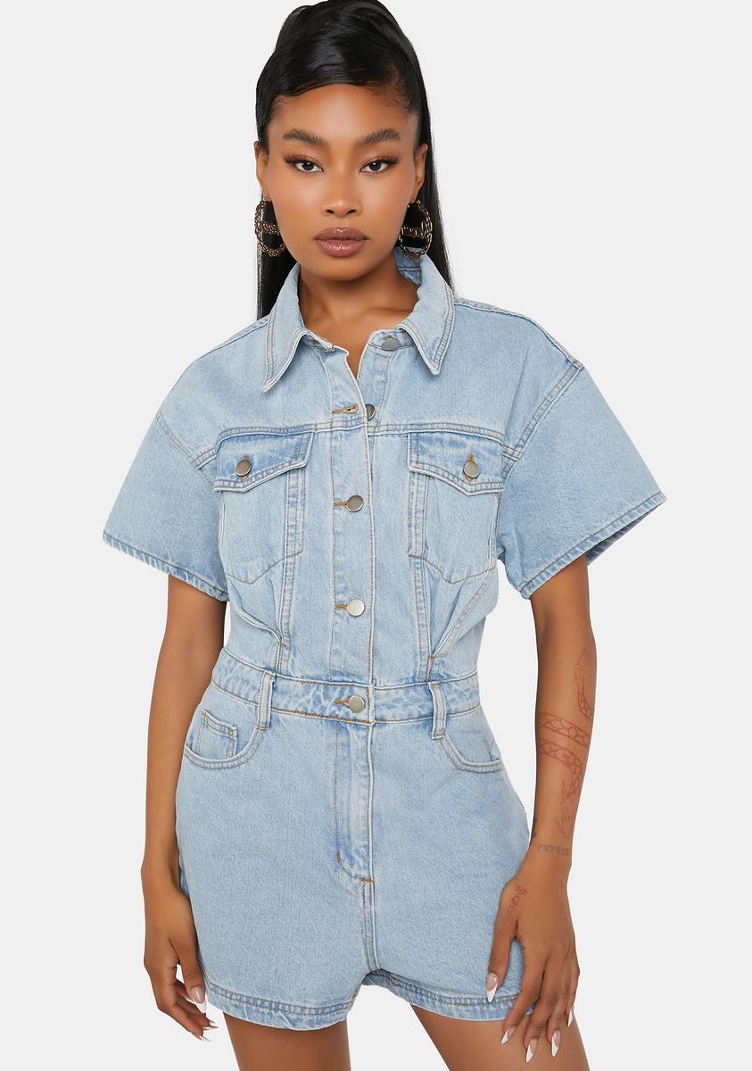 Short Sleeve Collared Denim Romper - Blue – Dolls Kill