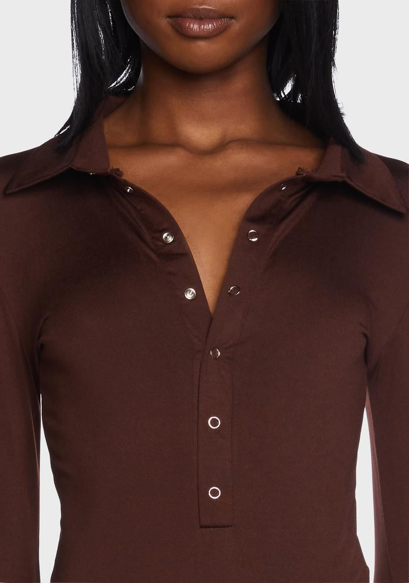 Collared Button Up Long Sleeve Bodysuit - Brown – Dolls Kill