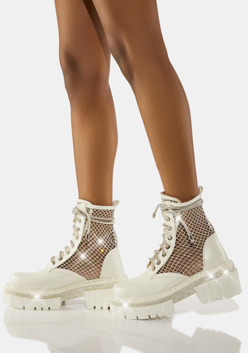AZALEA WANG Rhinestone Fishnet Combat Boots - White – Dolls Kill