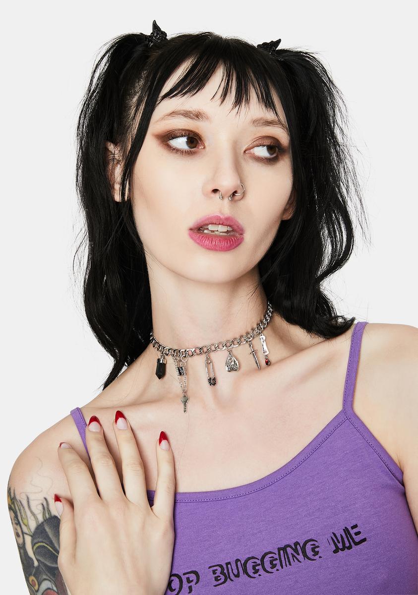 Knife Safety Pin Charm Chain Choker - Silver – Dolls Kill