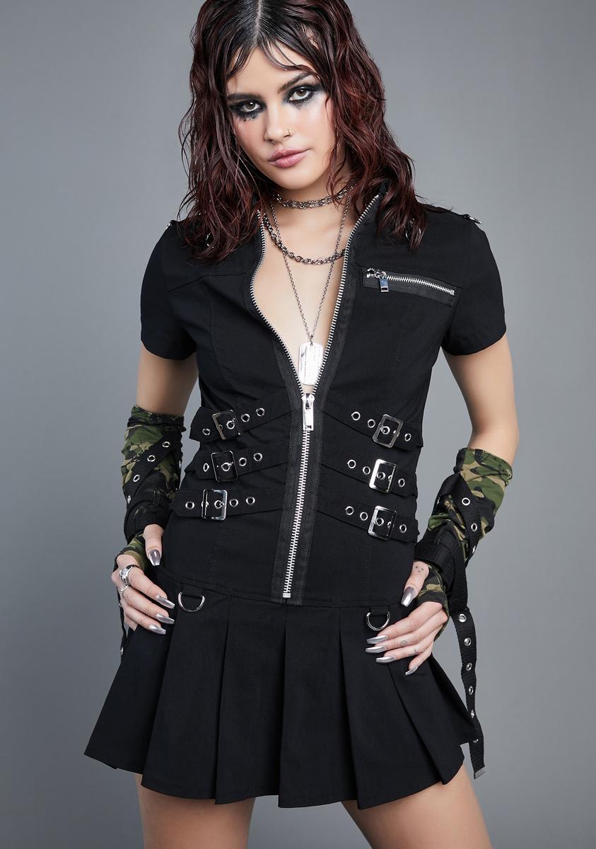 Widow Buckle Detailed Zipper Mini Dress - Black – Dolls Kill