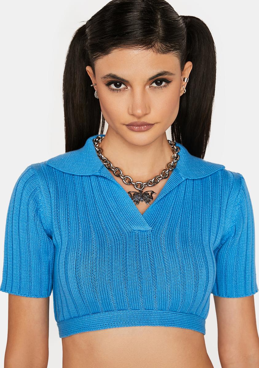 Ribbed Knit Collared Short Sleeve Cut Out Tie Crop Top - Blue – Dolls Kill
