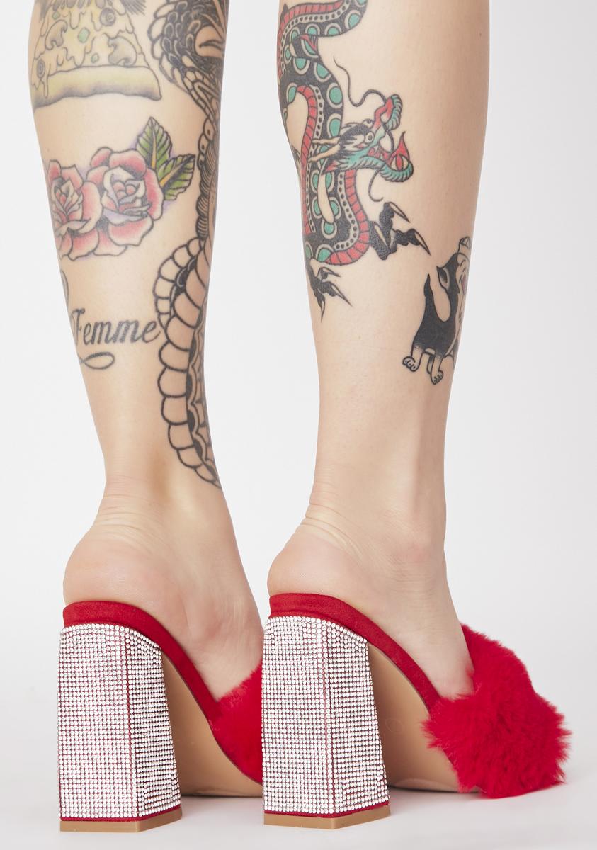 Rhinestone Fuzzy Block Heel Peep Toe Mules – Dolls Kill