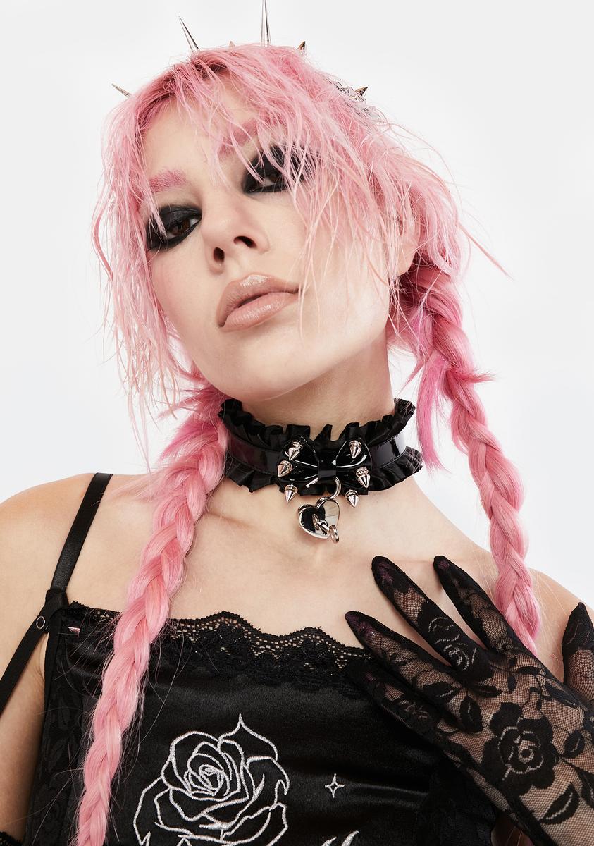 Patent Bow Choker With Studs Heart Charm Ruffle Trim - Black – Dolls Kill
