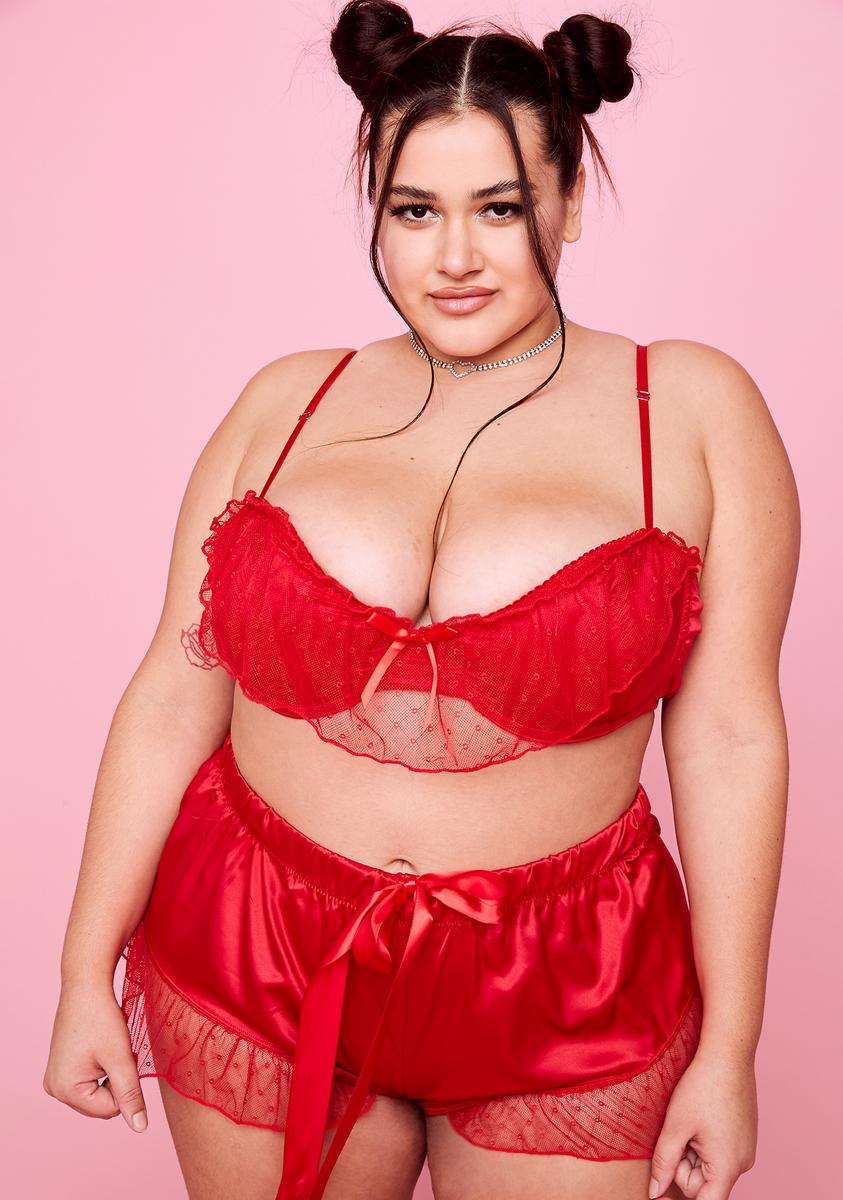 Plus Size Sugar Thrillz Satin And Lace Bow Lingerie Set Red Dolls Kill