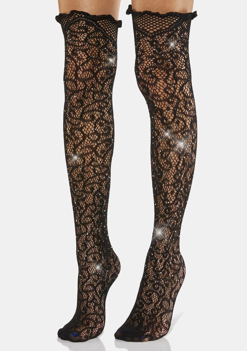 Lace Fishnet Rhinestone Thigh High Socks - Black – Dolls Kill