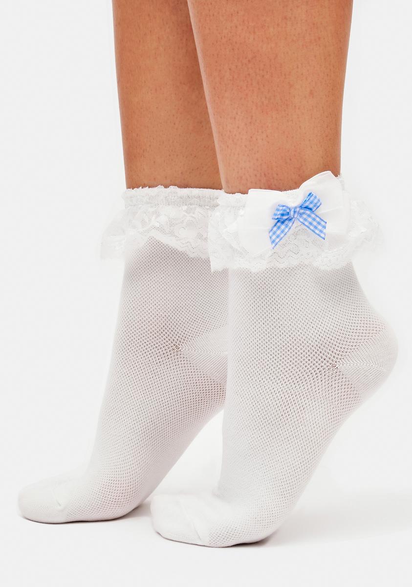 Lace Ruffle Crew Socks With Gingham Bows - White – Dolls Kill