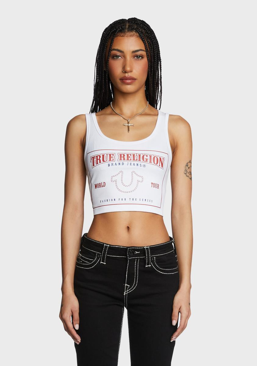 True Religion Brand Jeans Crop Logo Tank Top - Optic White – Dolls Kill