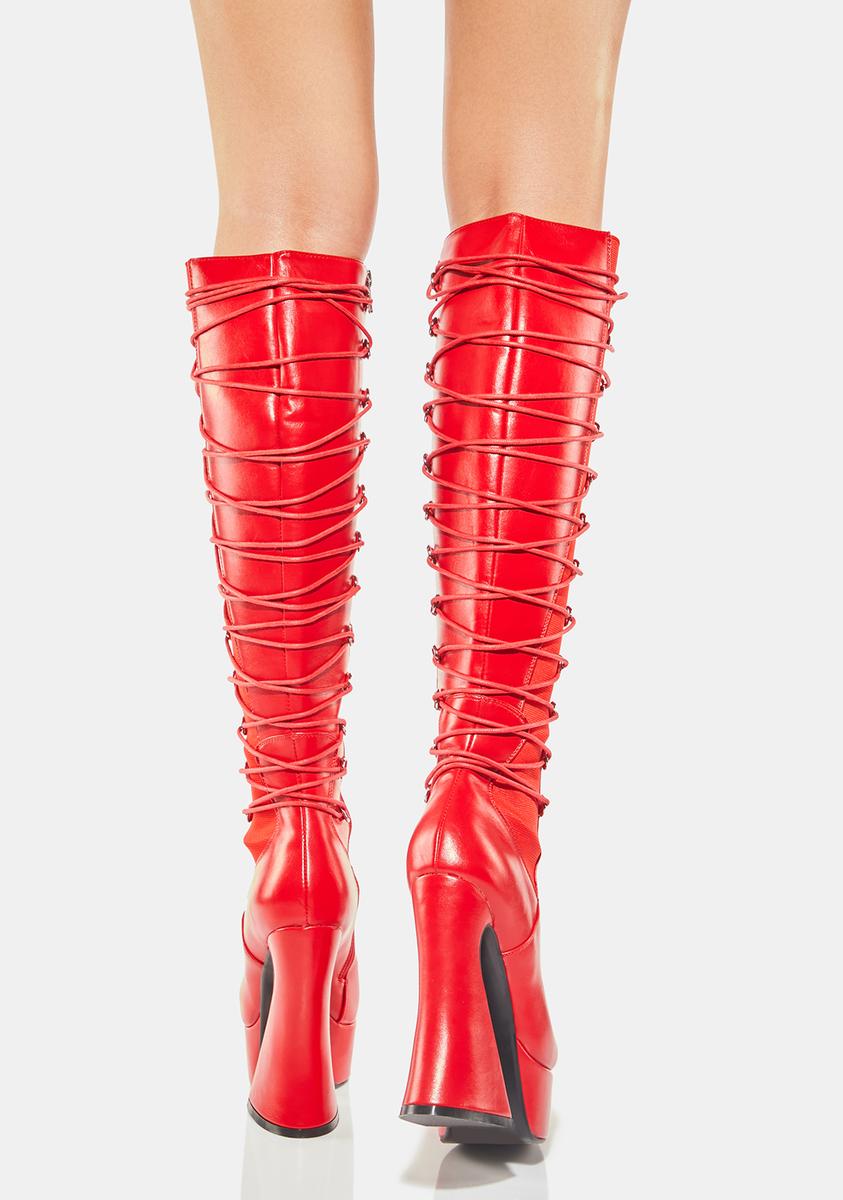 Lamoda Vegan Leather Knee High Lace Up Zipper Boots Red Dolls Kill
