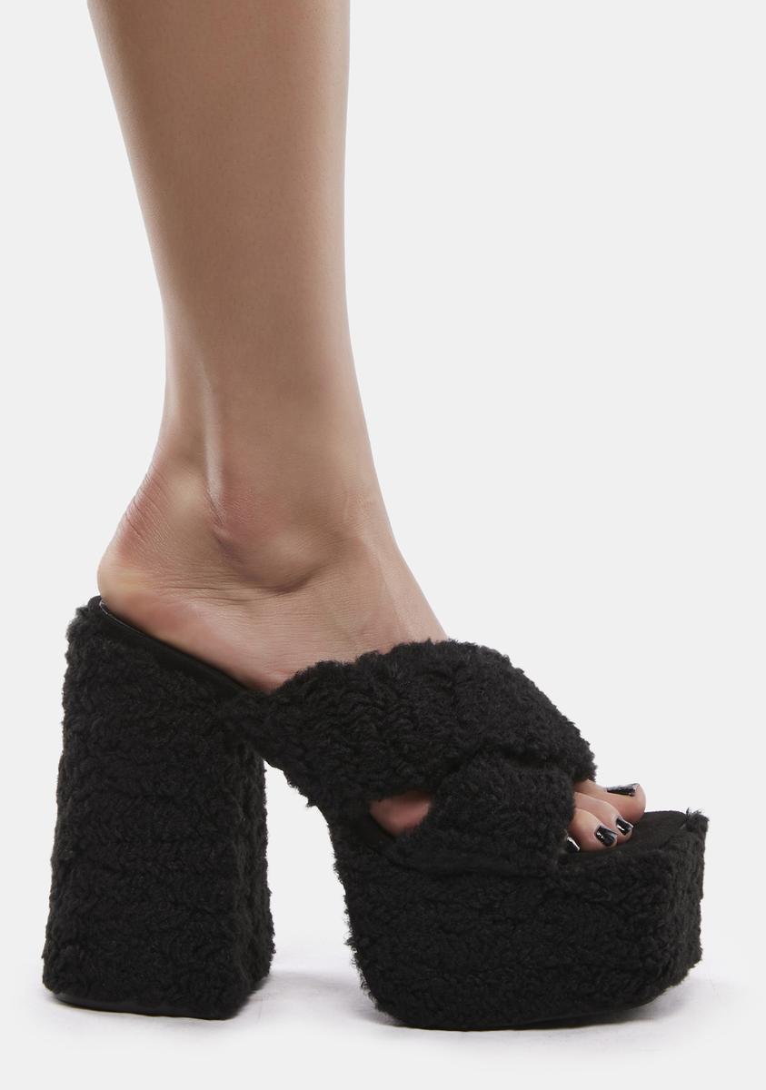 Faux Shearling Slip On Fluffy Heels - Black – Dolls Kill