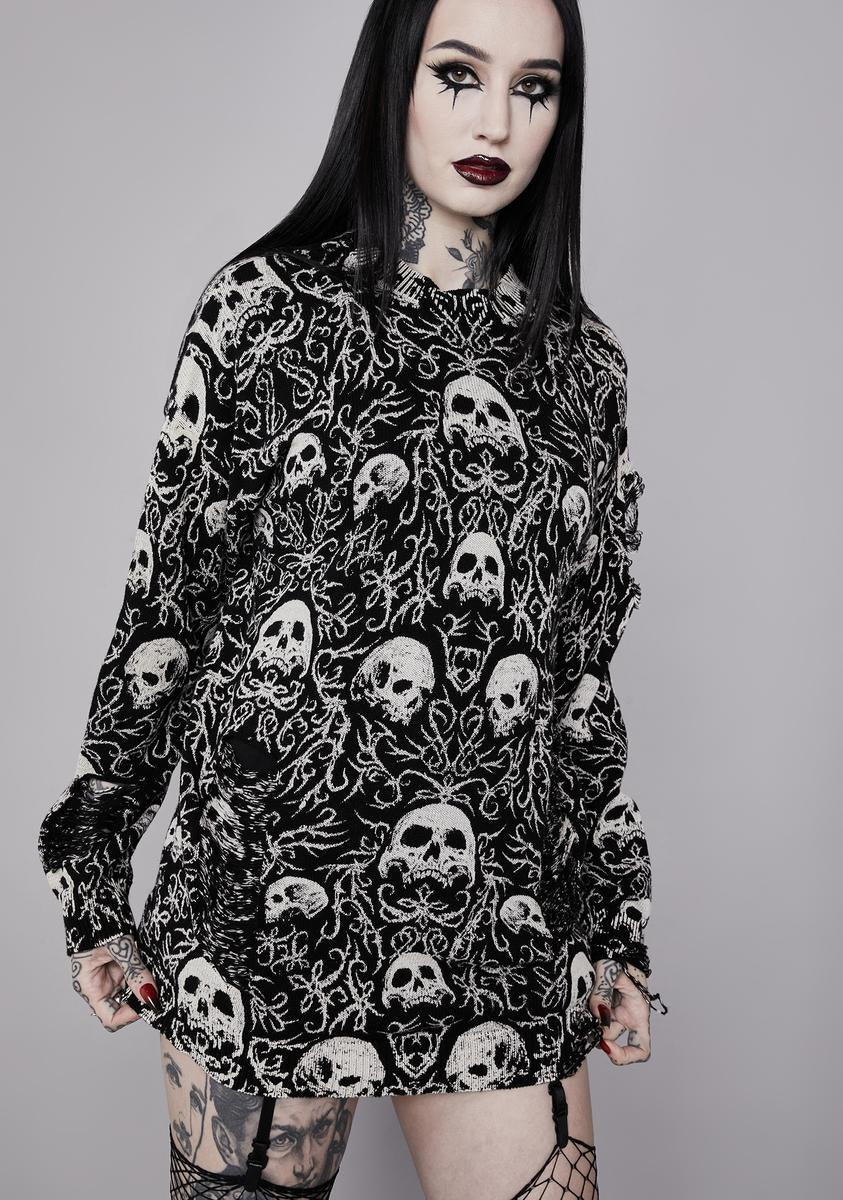 Widow Filigree Skull Print Oversized Sweater - Black/White – Dolls Kill