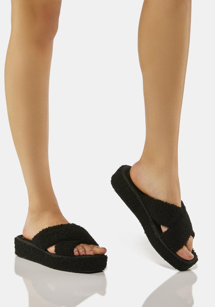 Fluffy Crisscross Slip On Sandals - Black – Dolls Kill