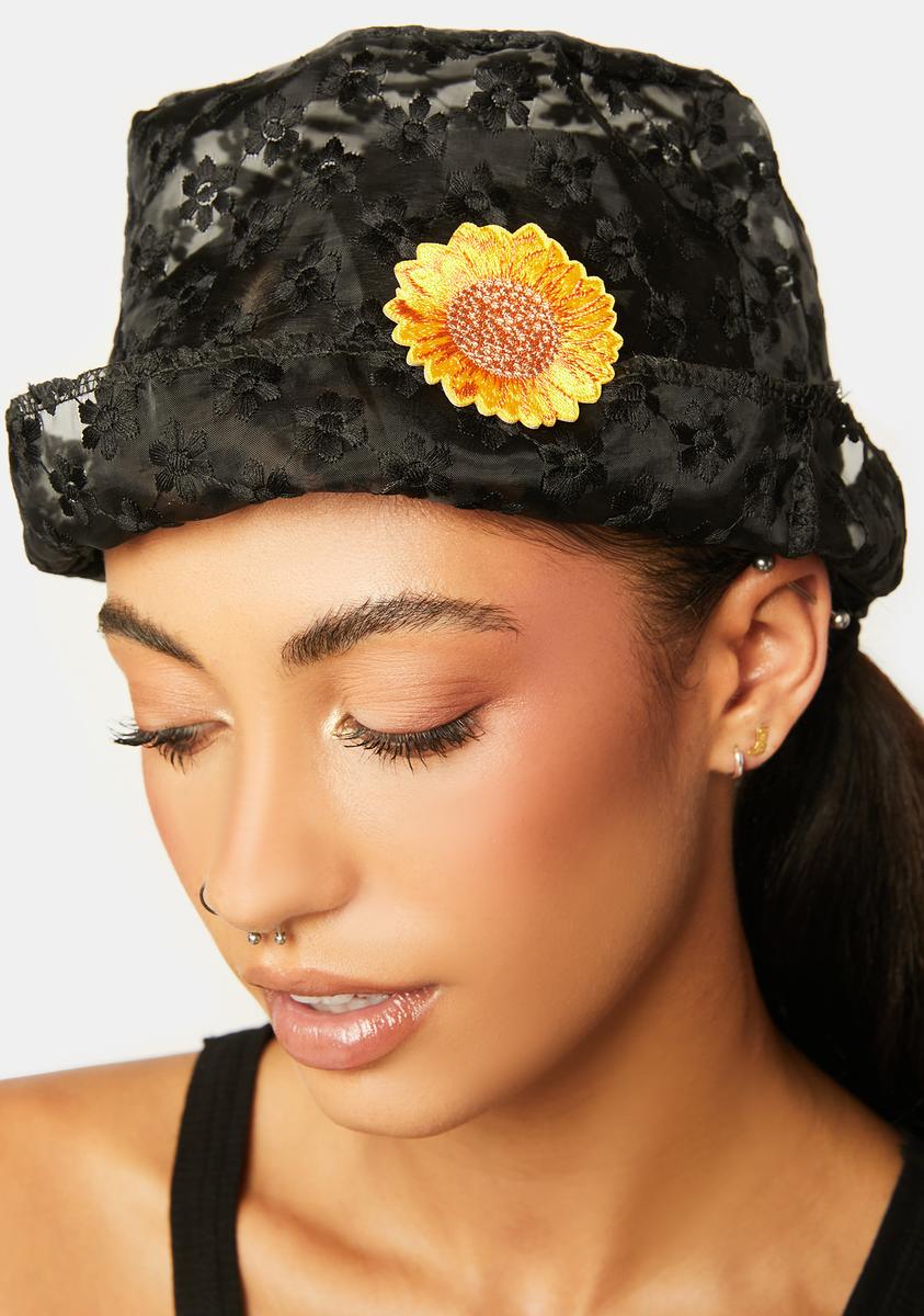 Sheer Flower Embroidered Bucket Hat With Sunflower - Black – Dolls Kill