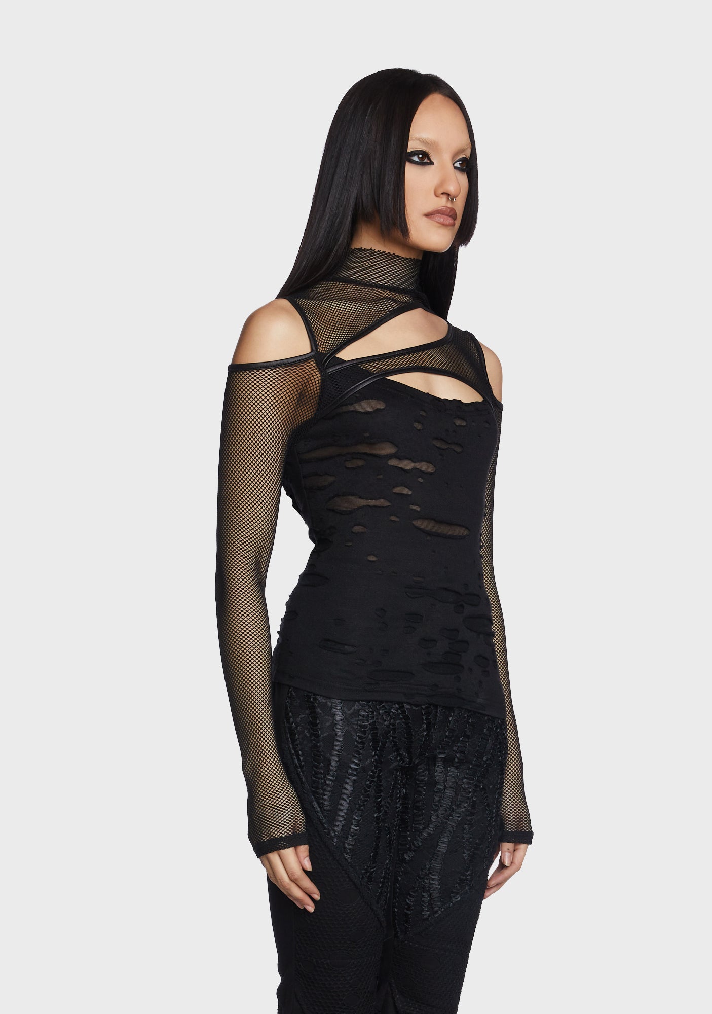 Punk Rave Asymmetric Fishnet Shredded Top - Black – Dolls Kill